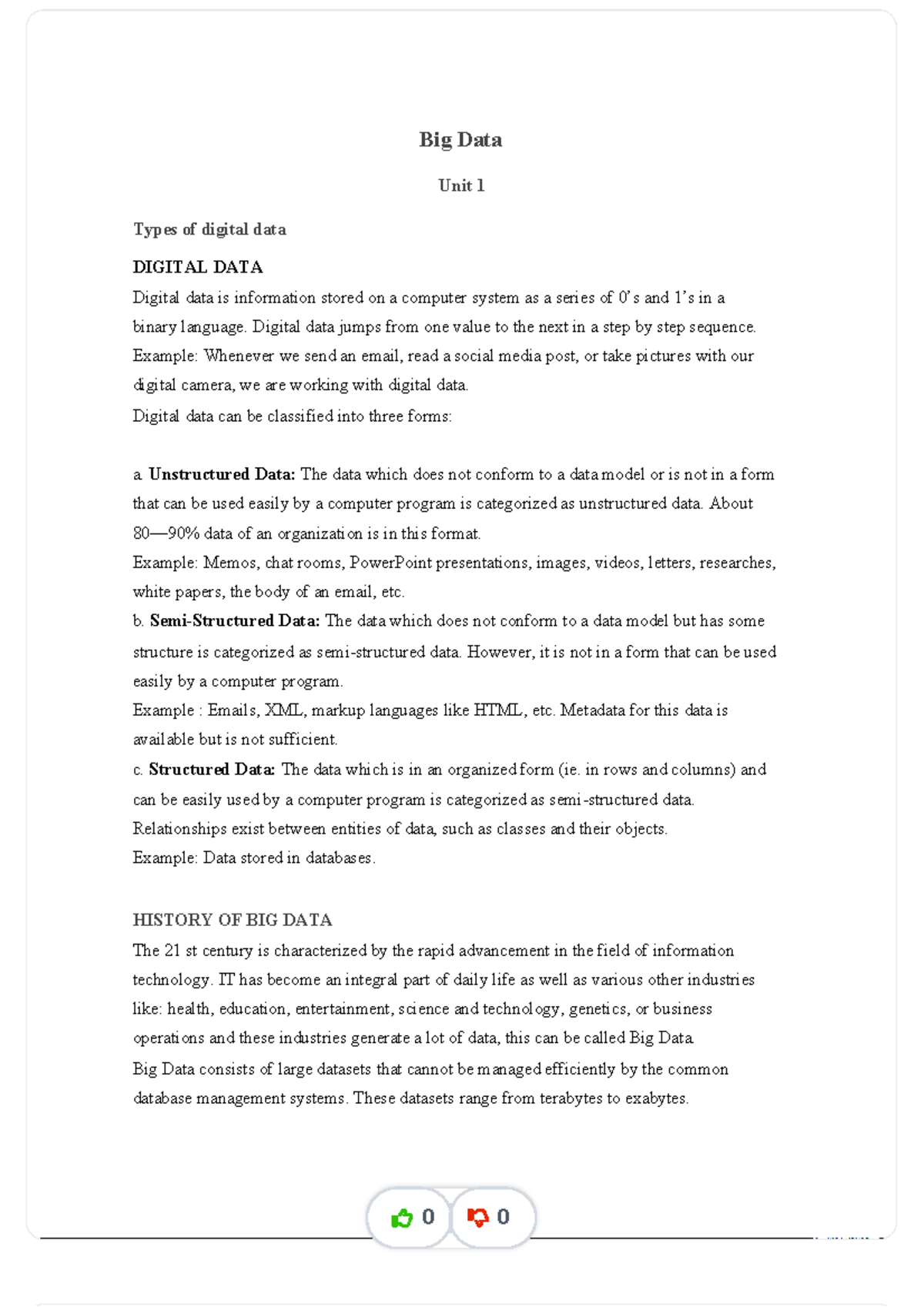 Big data notes - Big Data Unit 1 Types of digital data DIGITAL DATA ...