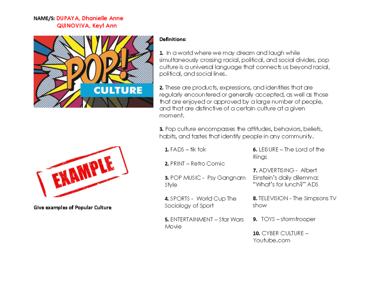 Pop-Culture-Activity - Popular Culture - Central - Studocu