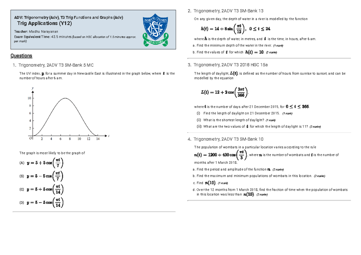 19 Modeling with trig functions - 1. Trigonometry, 2ADV T3 SM-Bank 5 MC ...