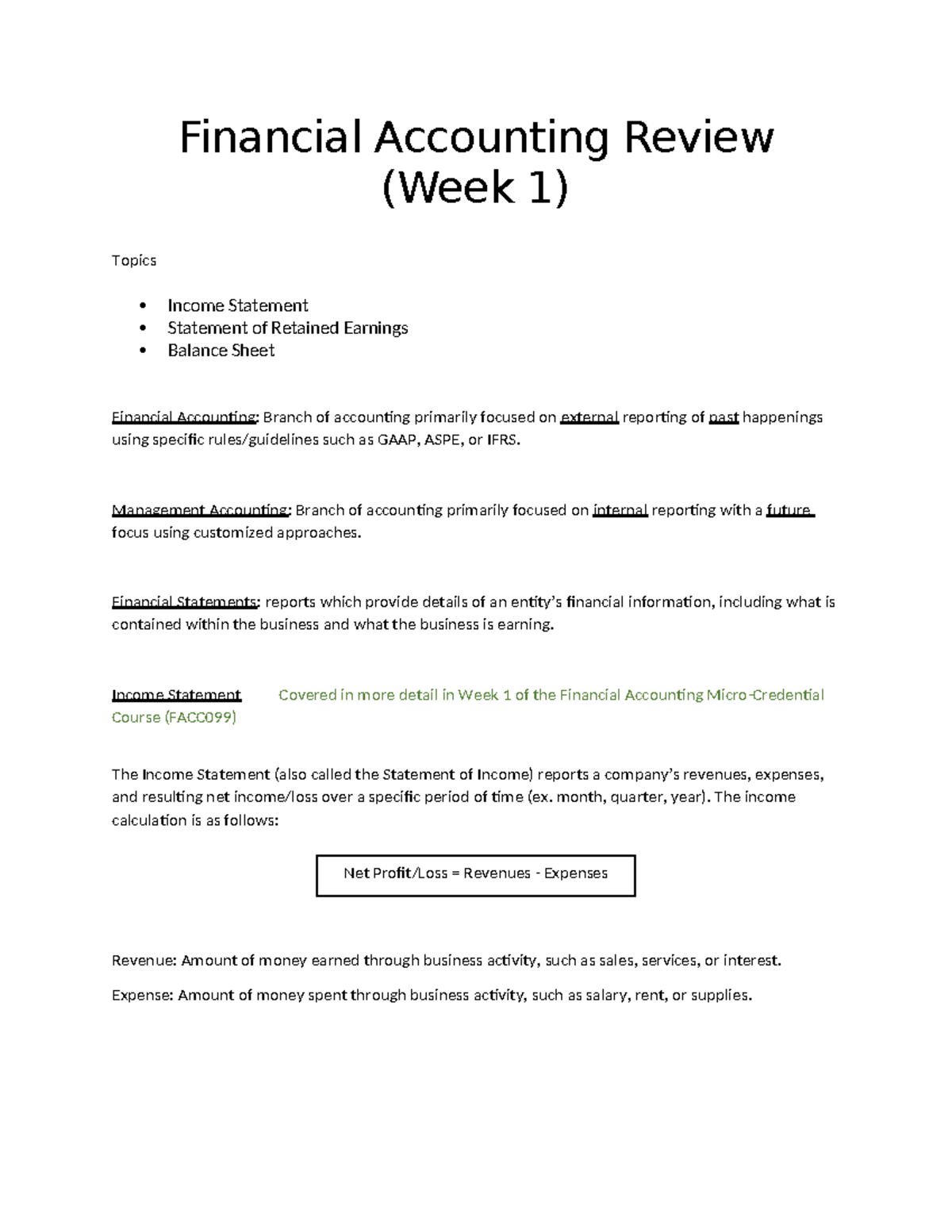 Week 1 Notes - dfd - Financial Accounting Review (Week 1) Topics Income ...