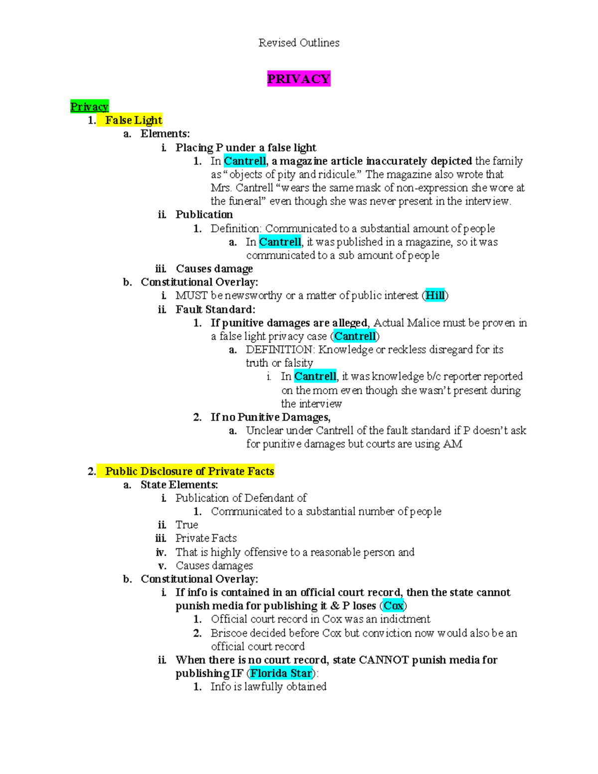 Torts II Outline - PRIVACY Privacy 1. False Light a. Elements: i ...