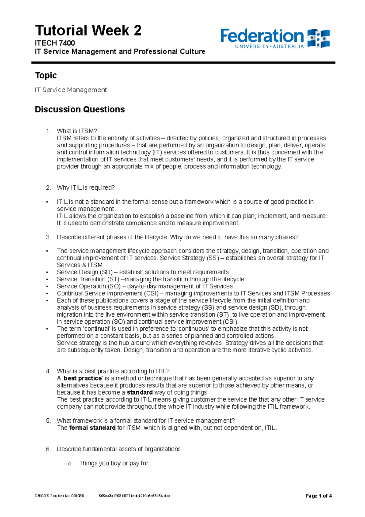 Tutorial Tasks Week 2 Of 7400 Tutorial Week 2 Itech 7400 It Service Management And