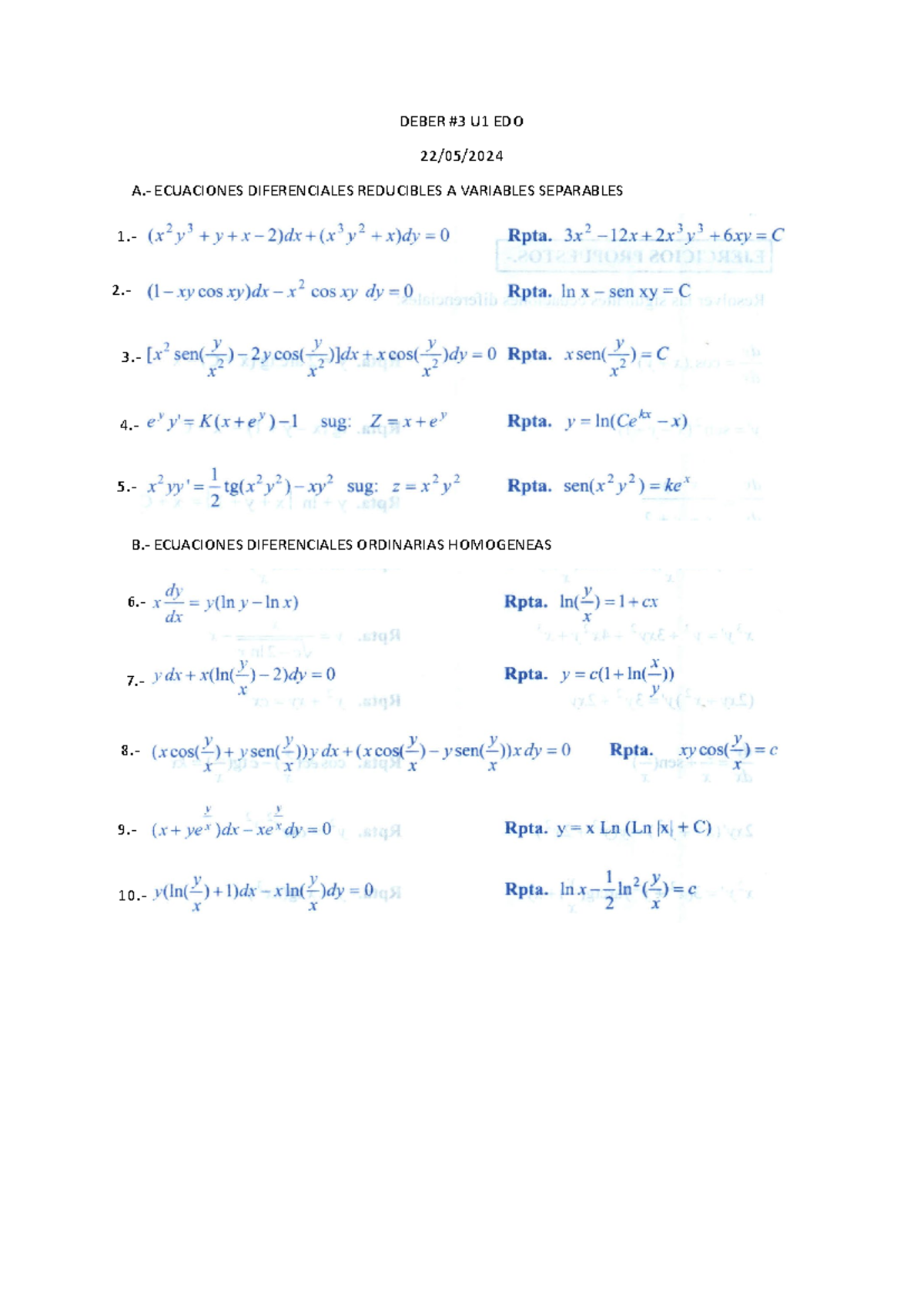 Deber #3 U1 EDO Reducible A Variable Separable Y EDO Homogéneas - Matematica I - DEBER #3 U1 EDO ...