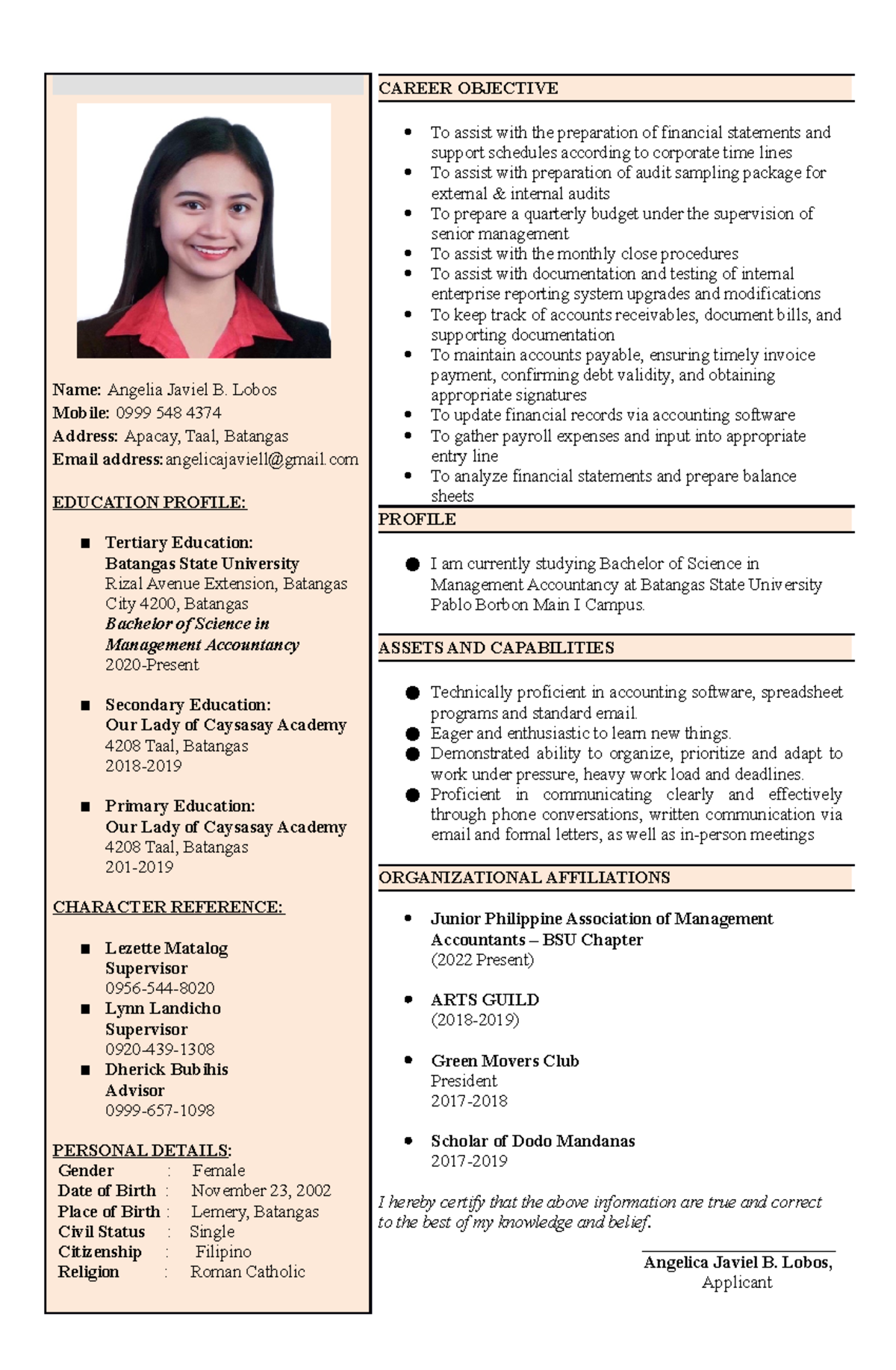 Angelica Javiel Lobos CV - Name: Angelia Javiel B. Lobos Mobile: 0999 ...