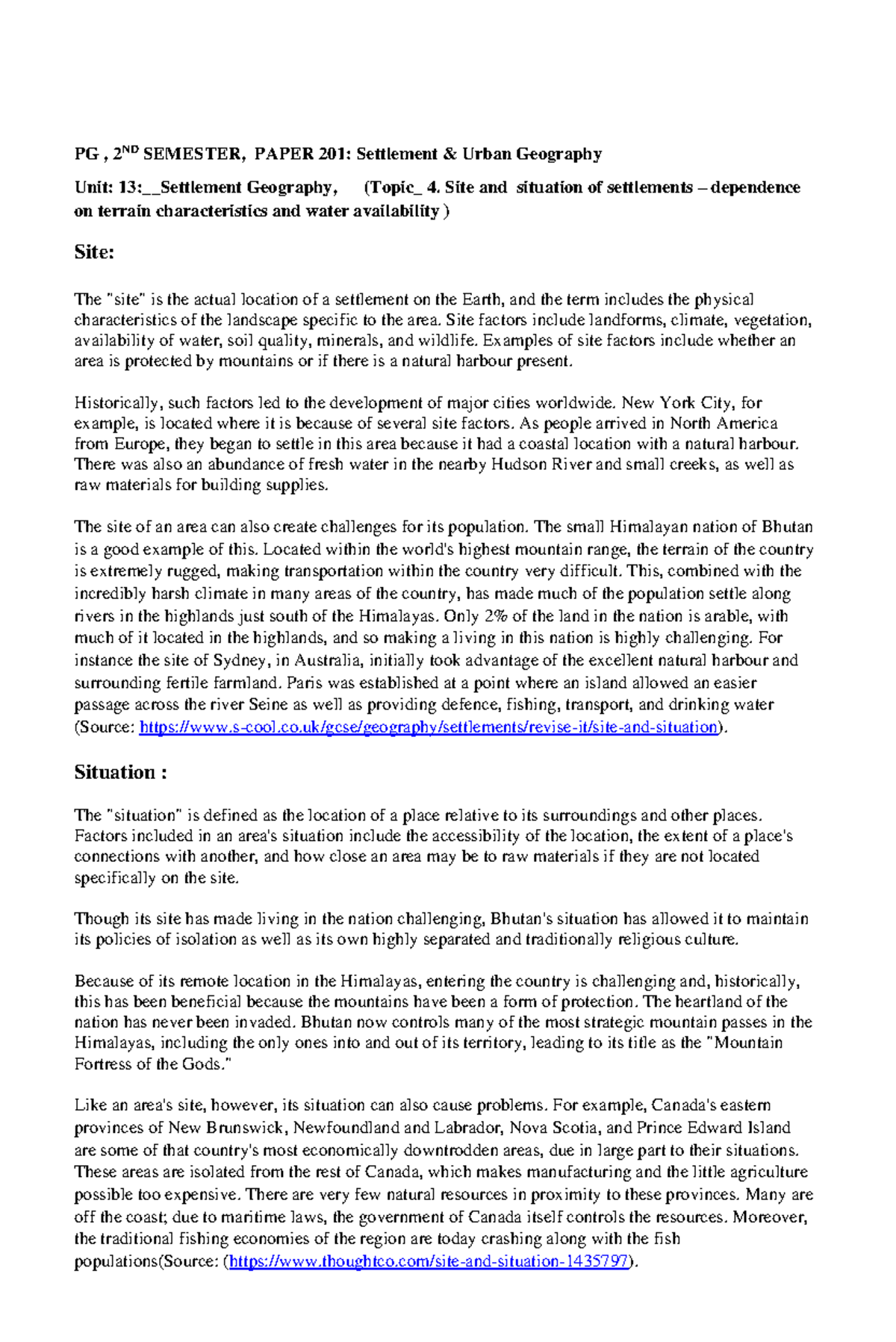 Site and situation of settlements - PG , 2ND SEMESTER, PAPER 201 ...