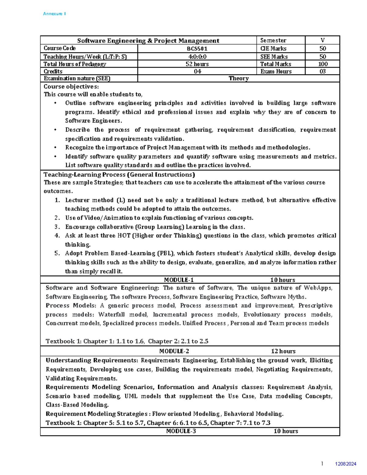 22 Scheme 5th sem syllabus - Annexure II Software Engineering & Project ...