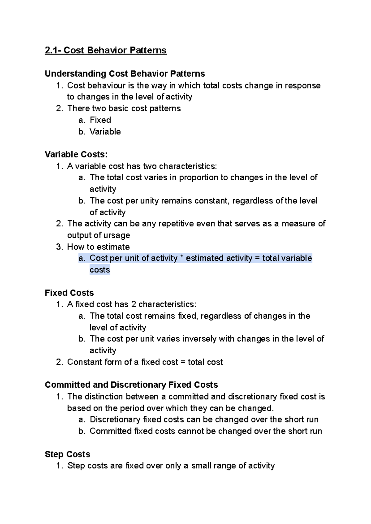 Chapter 2 notes - 2- Cost Behavior Patterns Understanding Cost Behavior ...