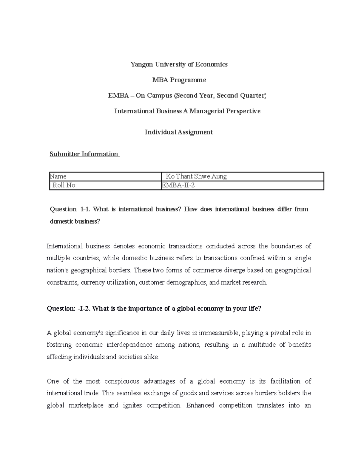 International Business Individual Assignment (Ko Thant Shwe Aung EMBA ...