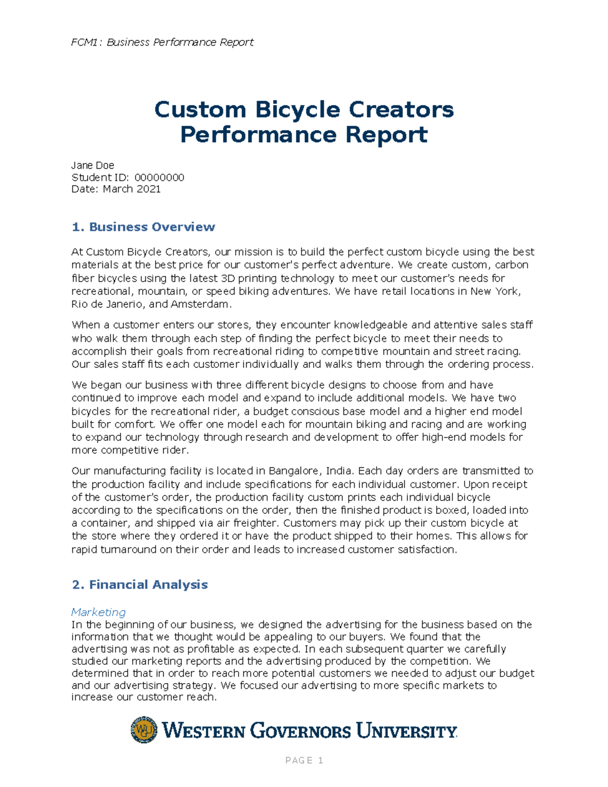 TASK 2: BUSINESS PERFORMANCE REPORT - FCM1: Business Performance Report ...