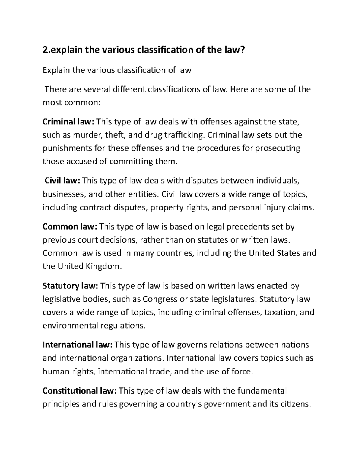 Fundamental law - 2 the various classification of the law? Explain the ...