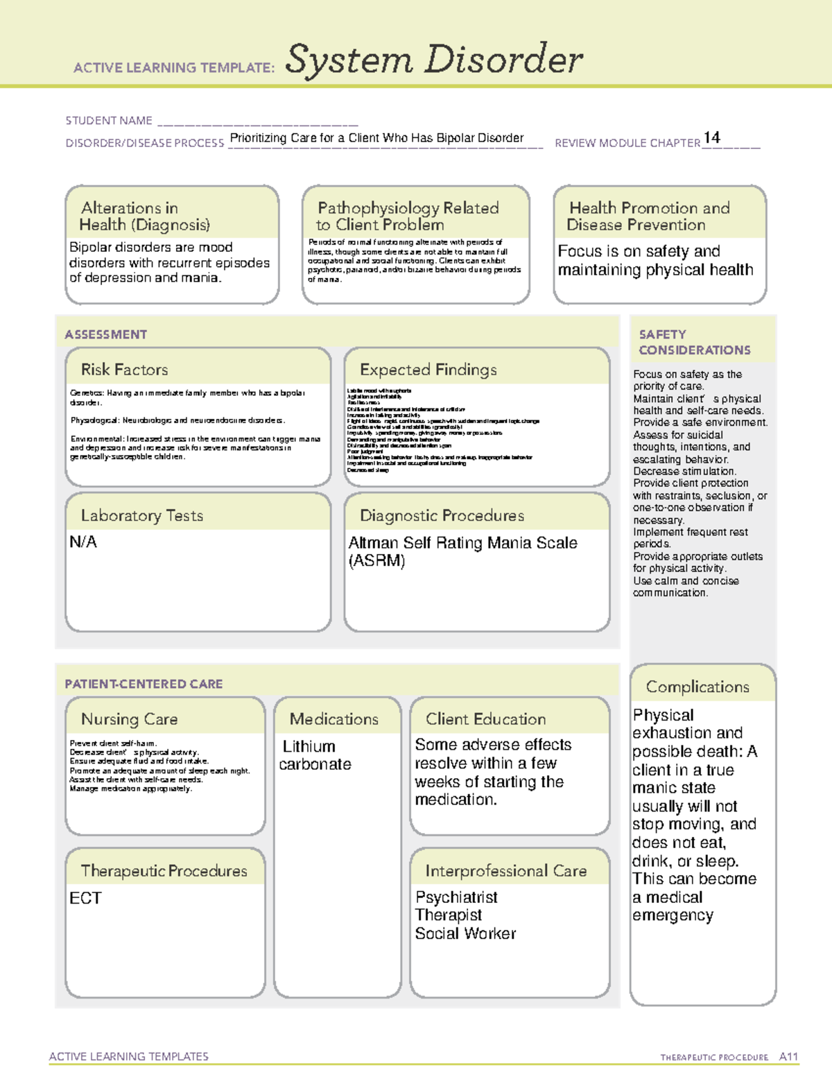 Bipolar - notes - ACTIVE LEARNING TEMPLATES TherapeuTic procedure A ...
