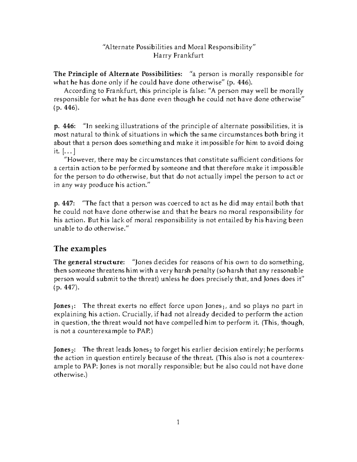 Handout - Frankfurt - important topics - “Alternate Possibilities and ...