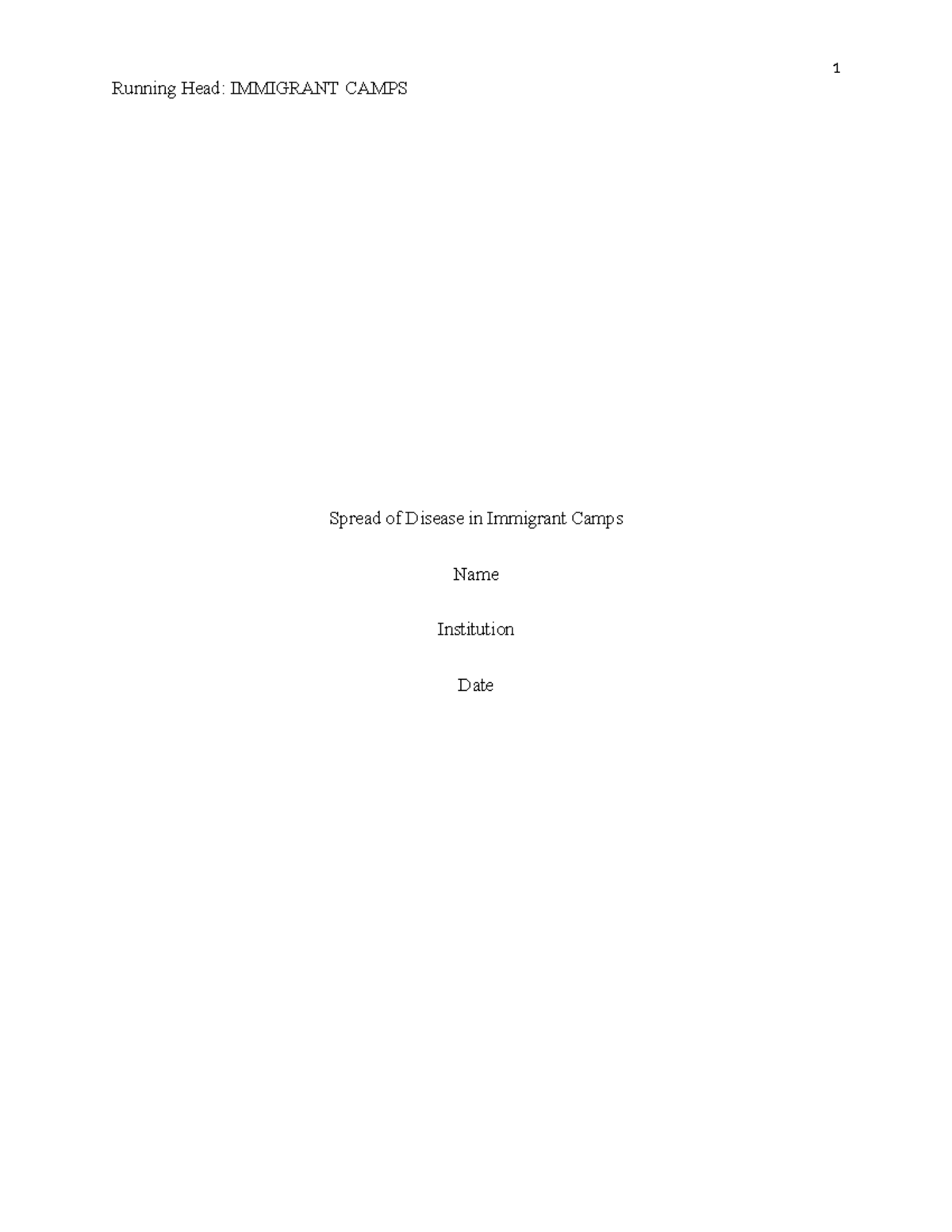 Immigrant Diseases - Basic Assignments - Running Head: IMMIGRANT CAMPS ...