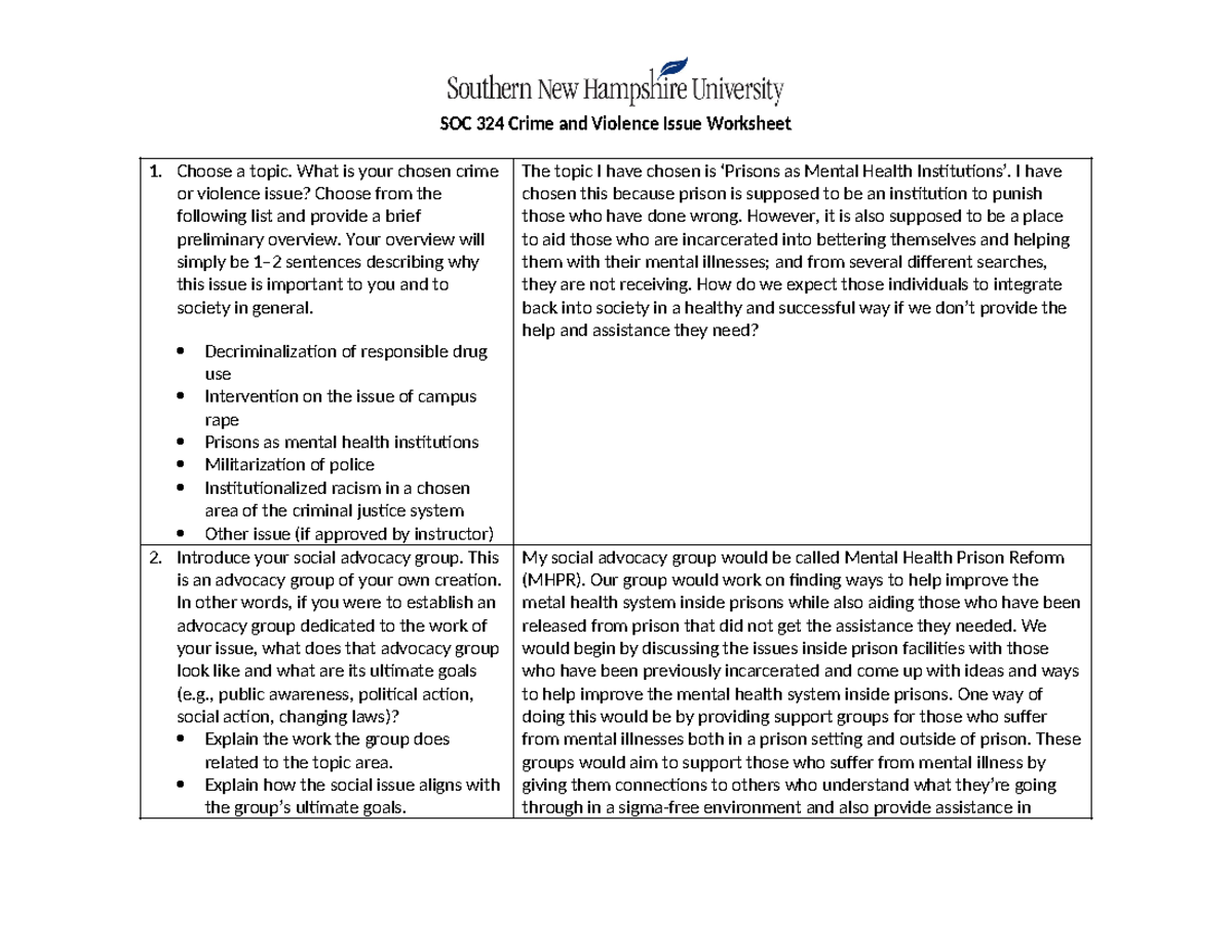 Crime and Violence Worksheet (2-2) - SOC 324 Crime and Violence Issue ...