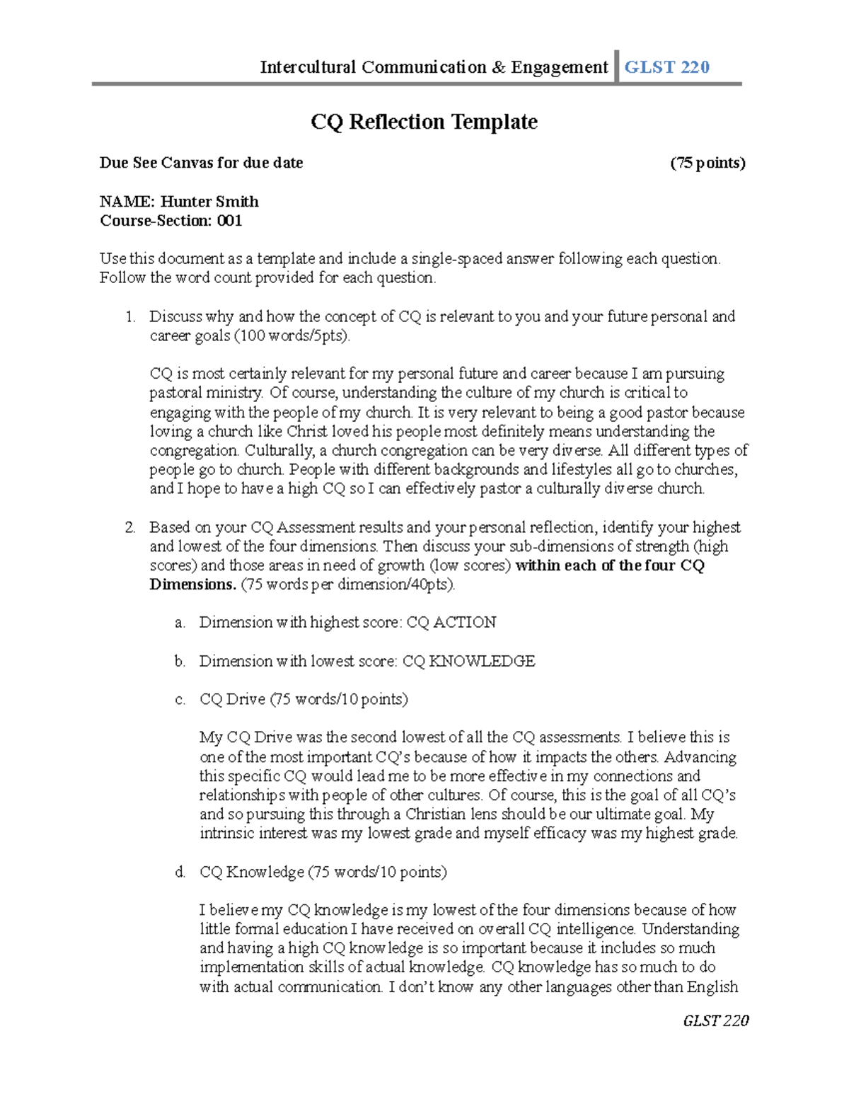 GLST 220 CQ Reflection Template - Follow the word count provided for ...