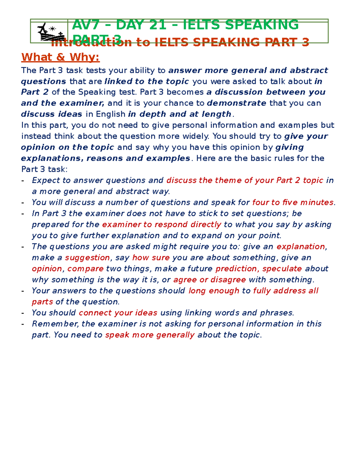 AV7 - DAY 21 - Ielts Speaking PART 3 - Introduction to IELTS SPEAKING ...