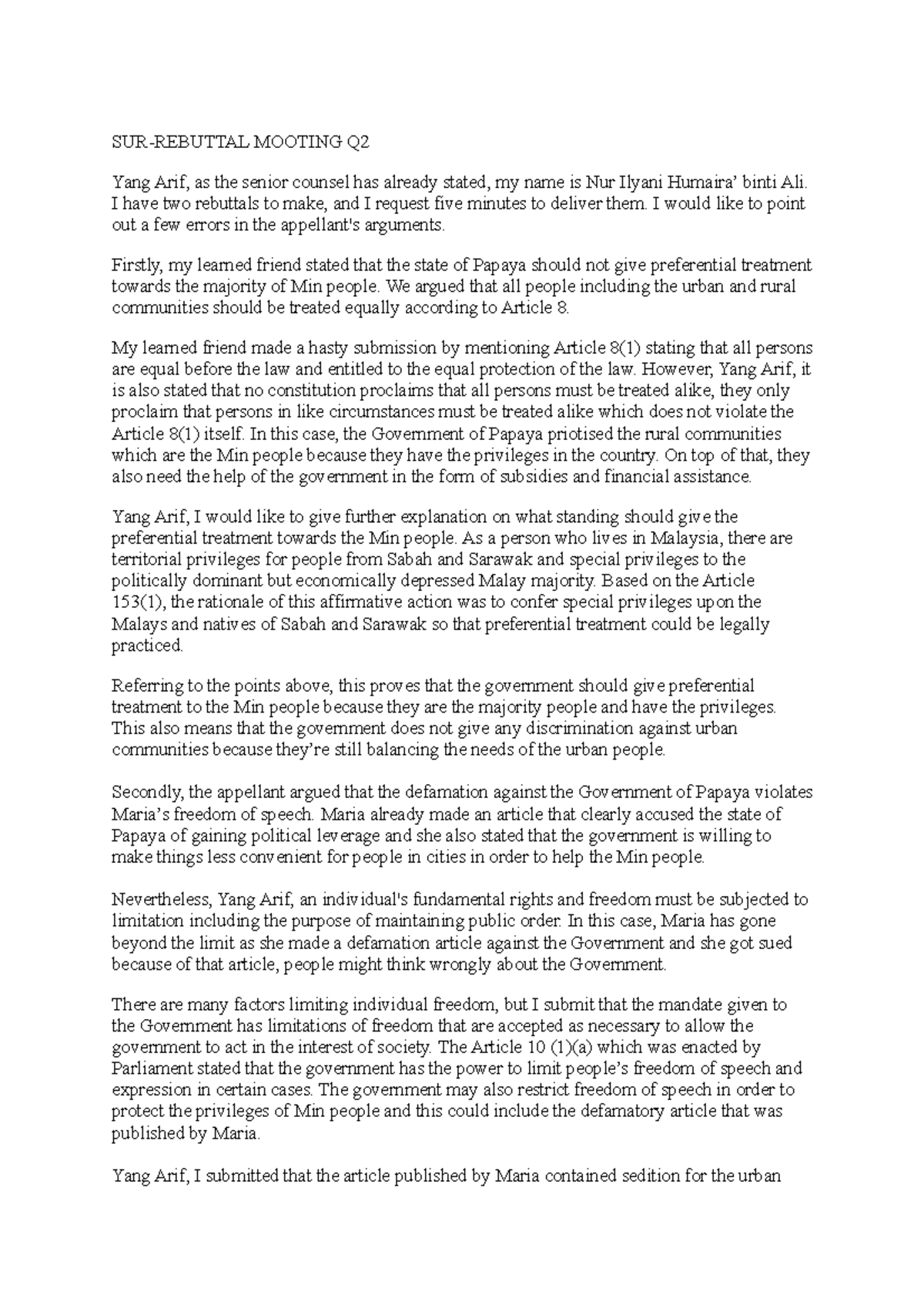 Rebuttal script for mooting - SUR-REBUTTAL MOOTING Q Yang Arif, as the ...