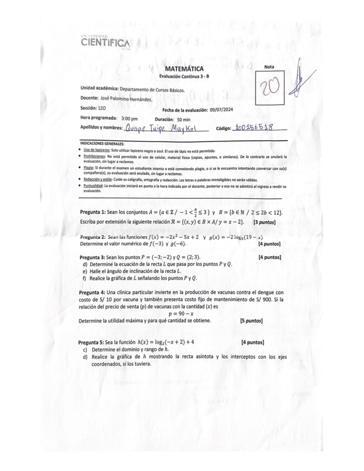 20 - Ec1 - UNIVERSIDAD CIENTIFICA MATEMÁTICA Nota Evaluación Continua 3 ...