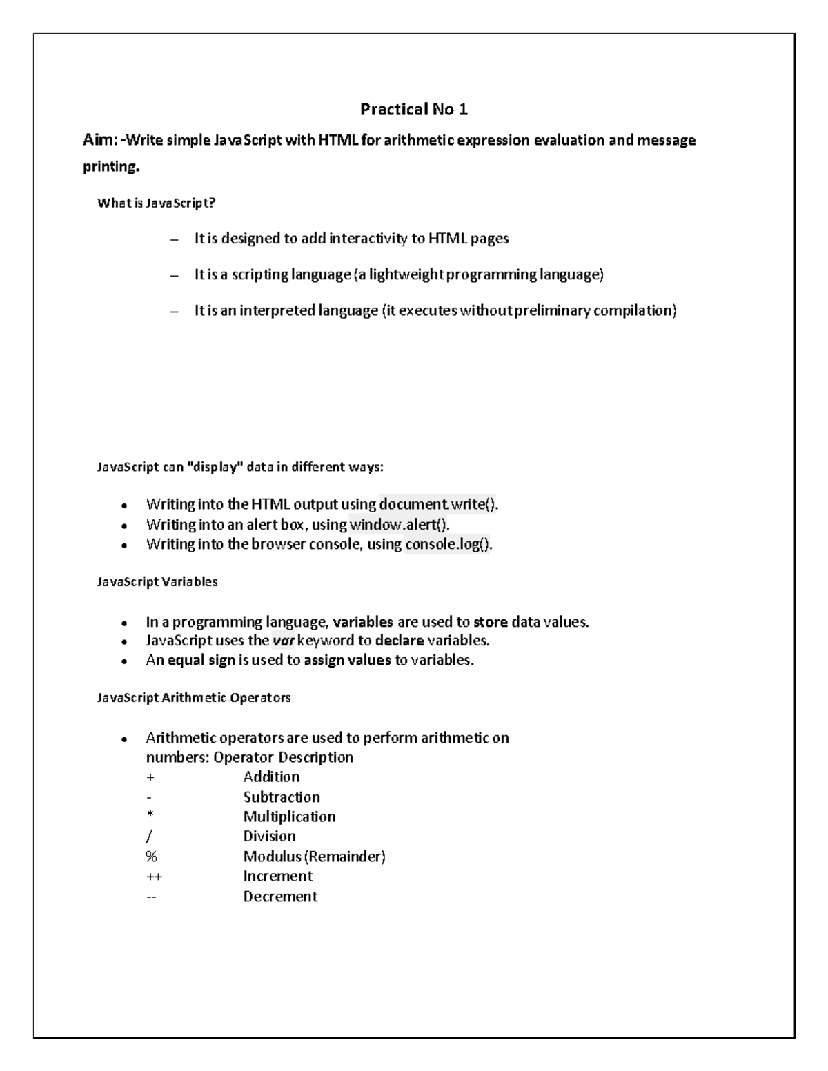 CSS1-5 - notes - Practical No 1 Aim:-Write simple JavaScript with HTML ...