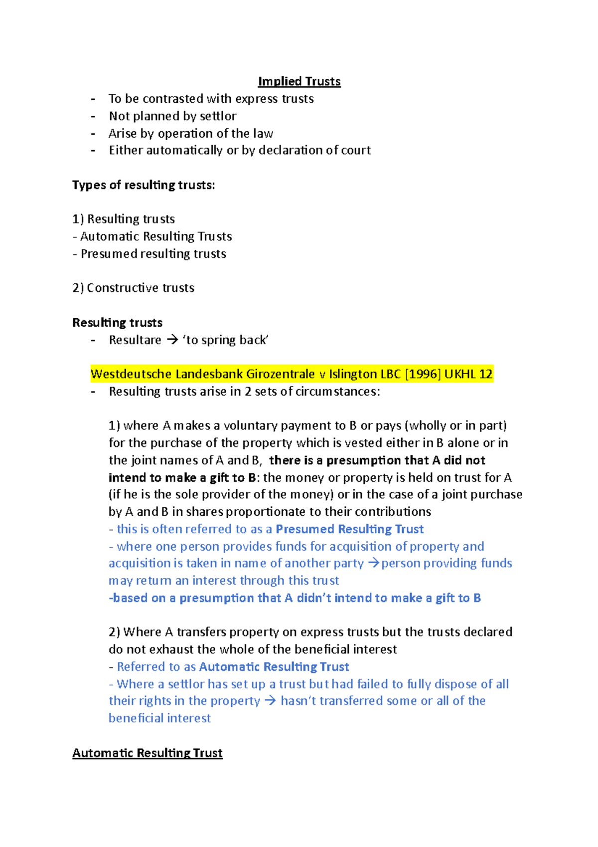 Implied Trusts - Implied Trusts To be contrasted with express trusts Not planned by settlor ...