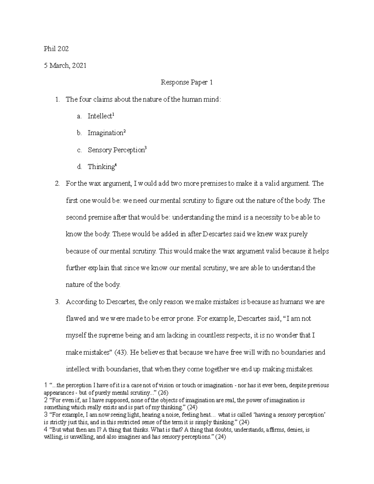 Phil 202 Summary 1-2 - Reading assignment example - Phil 202 5 March, 2021 Response Paper 1 The ...