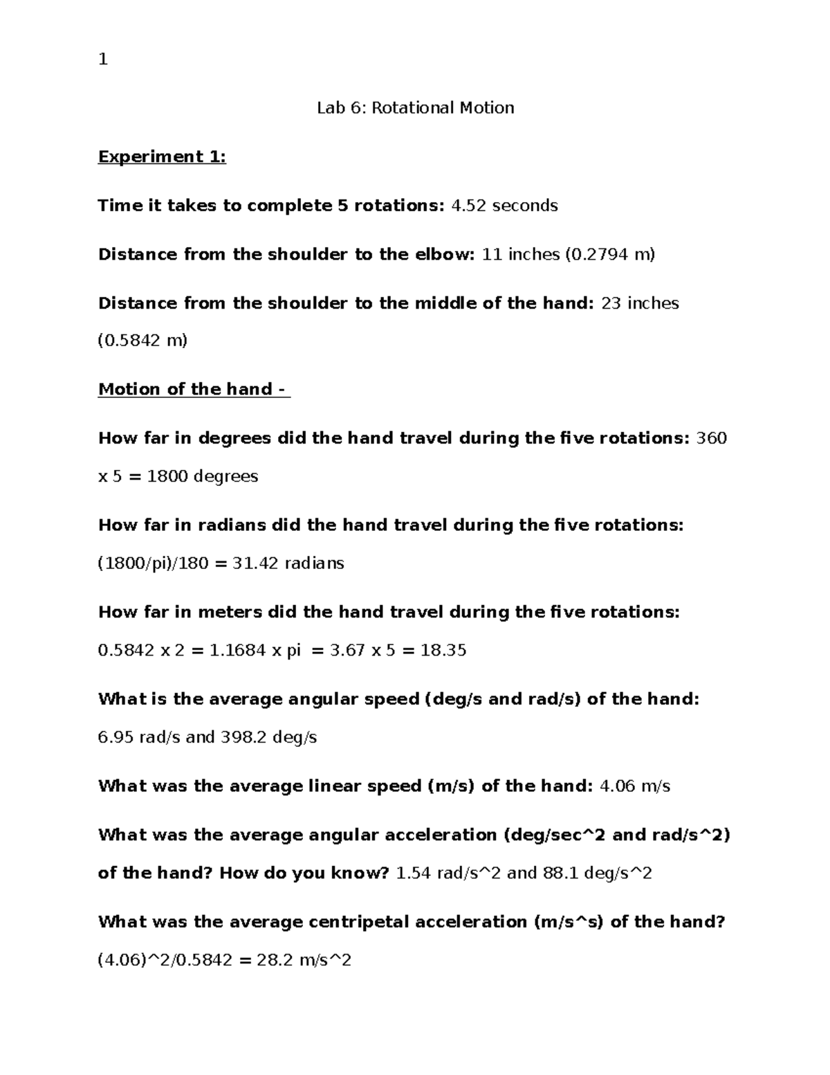 Lab6 - lab - Lab 6: Rotational Motion Experiment 1: Time it takes to ...