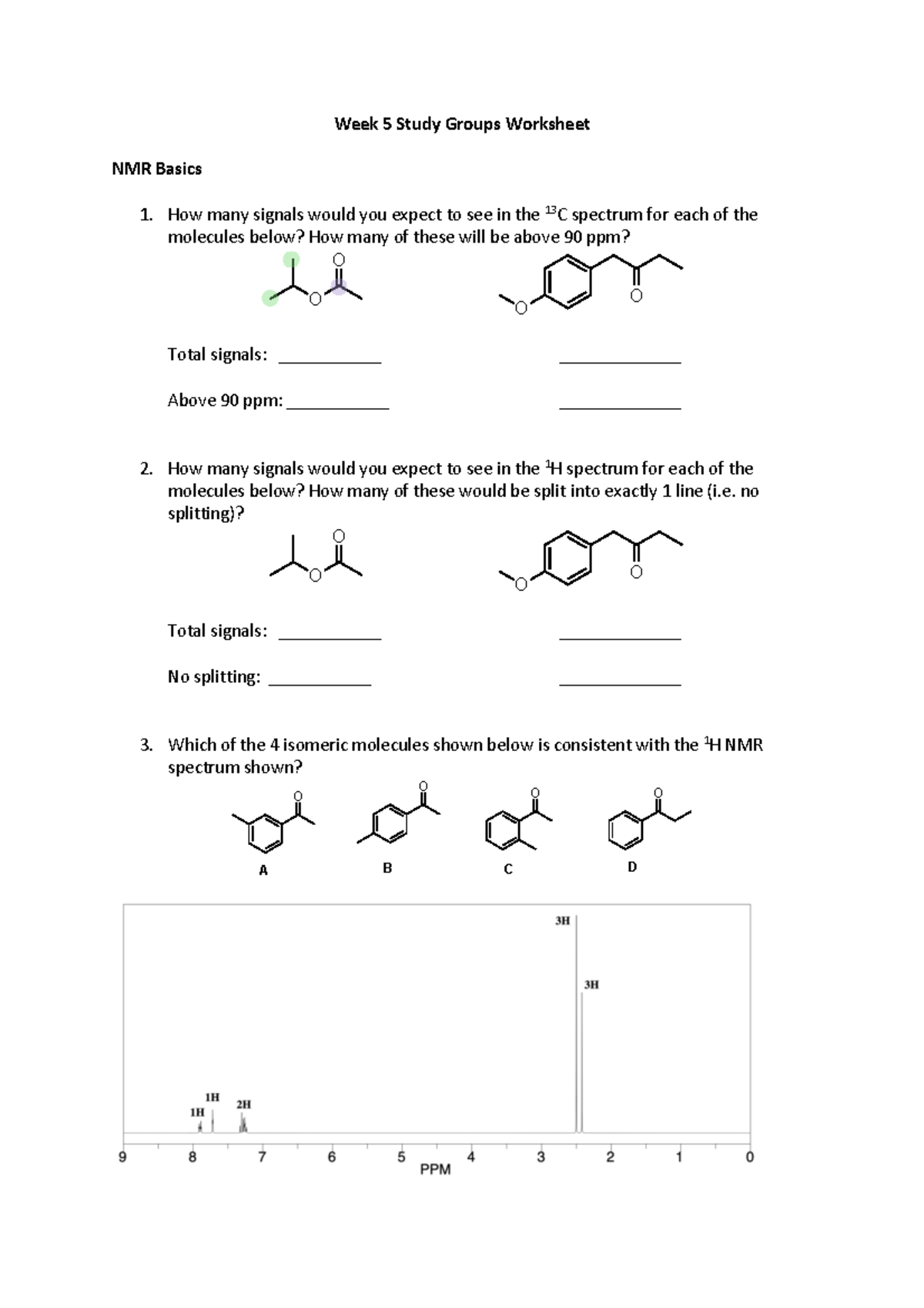 Chem 110 week 5 worksheet - Week 5 Study Groups Worksheet NMR Basics 1 ...