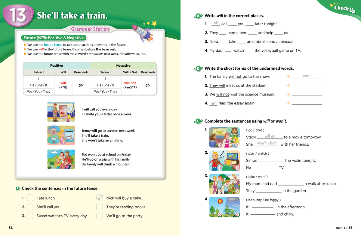 Grammar Space Beginner 3 SB-28-33 - Write will in the correct places ...