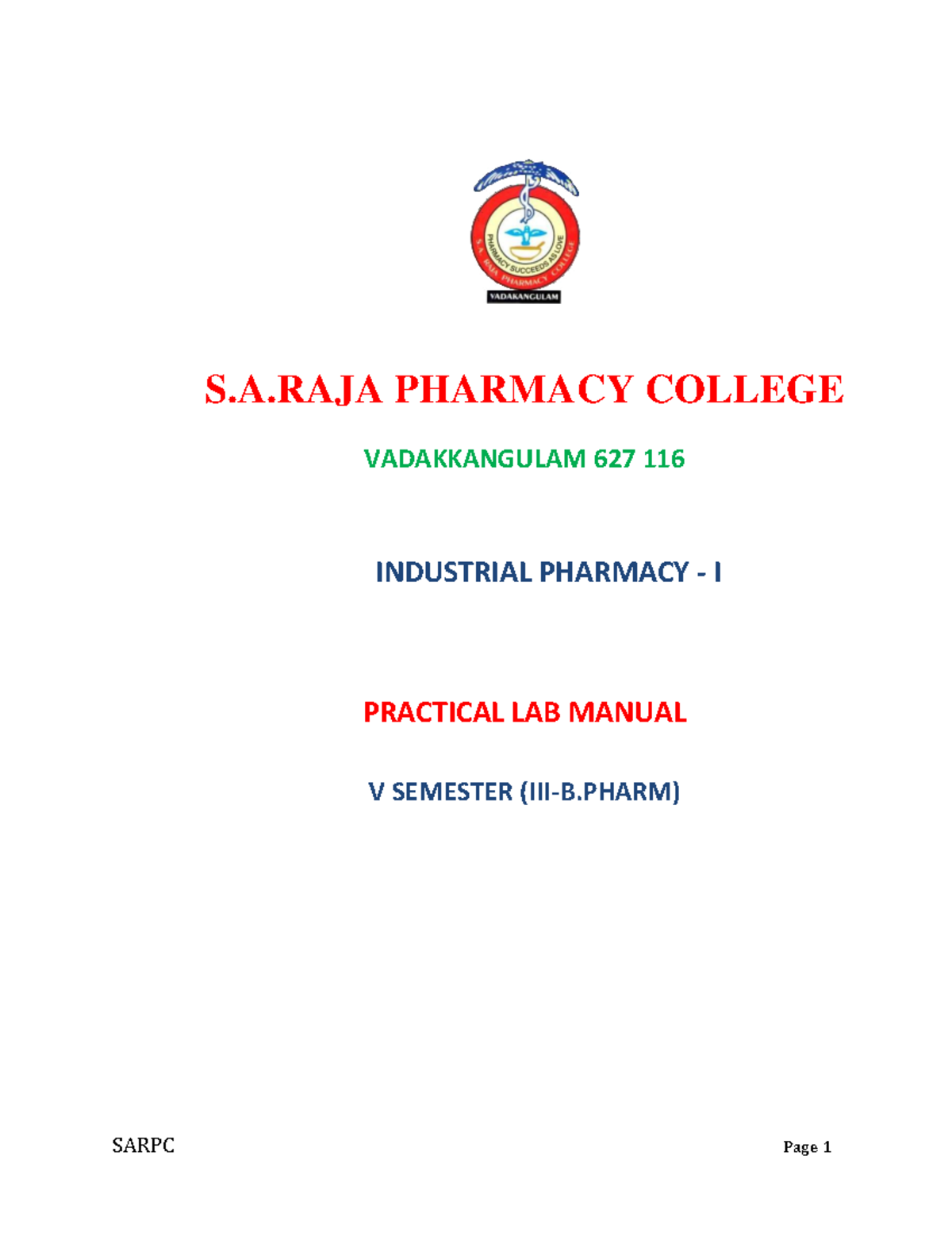 Industrial Pharmacy Practical - SARPC Page 1 S.A PHARMACY COLLEGE ...
