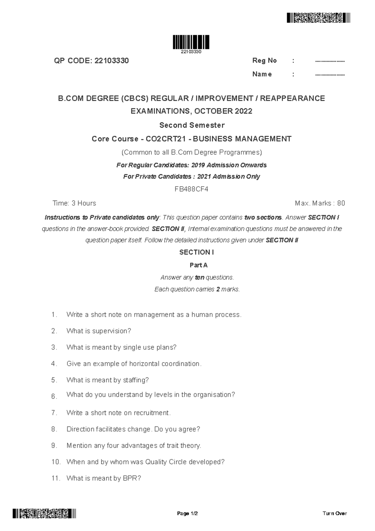 Business Management - Note - QP CODE: 22103330 Reg No ...