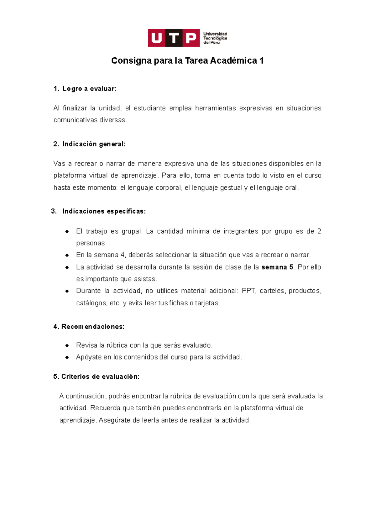 S05 +Consigna+p - Consigna para la Tarea Académica 1 Logro a evaluar: Al finalizar la unidad, el ...