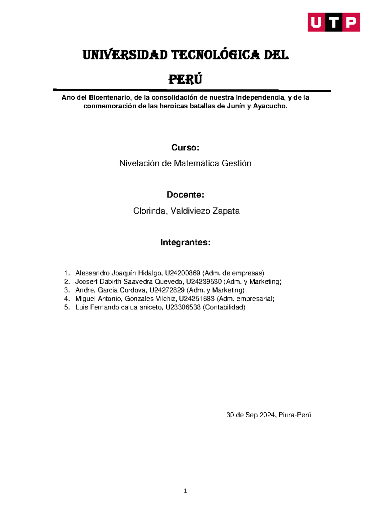 TA2 mat - Jdksjs - Universidad Tecnológica DEL Perú Año del ...