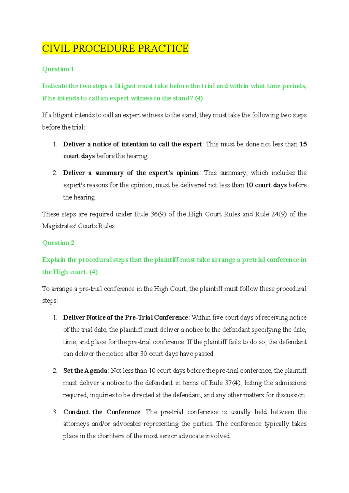 2T3 BBN Civil Procedure Practice - CIVIL PROCEDURE PRACTICE Question 1 ...