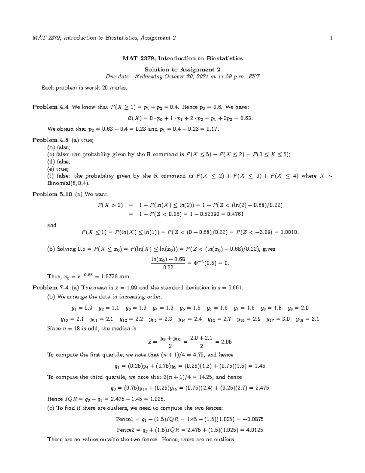 2379 assignment 2 solutions biostatistics 2021 - MAT 2379, Introduction to Biostatistics ...
