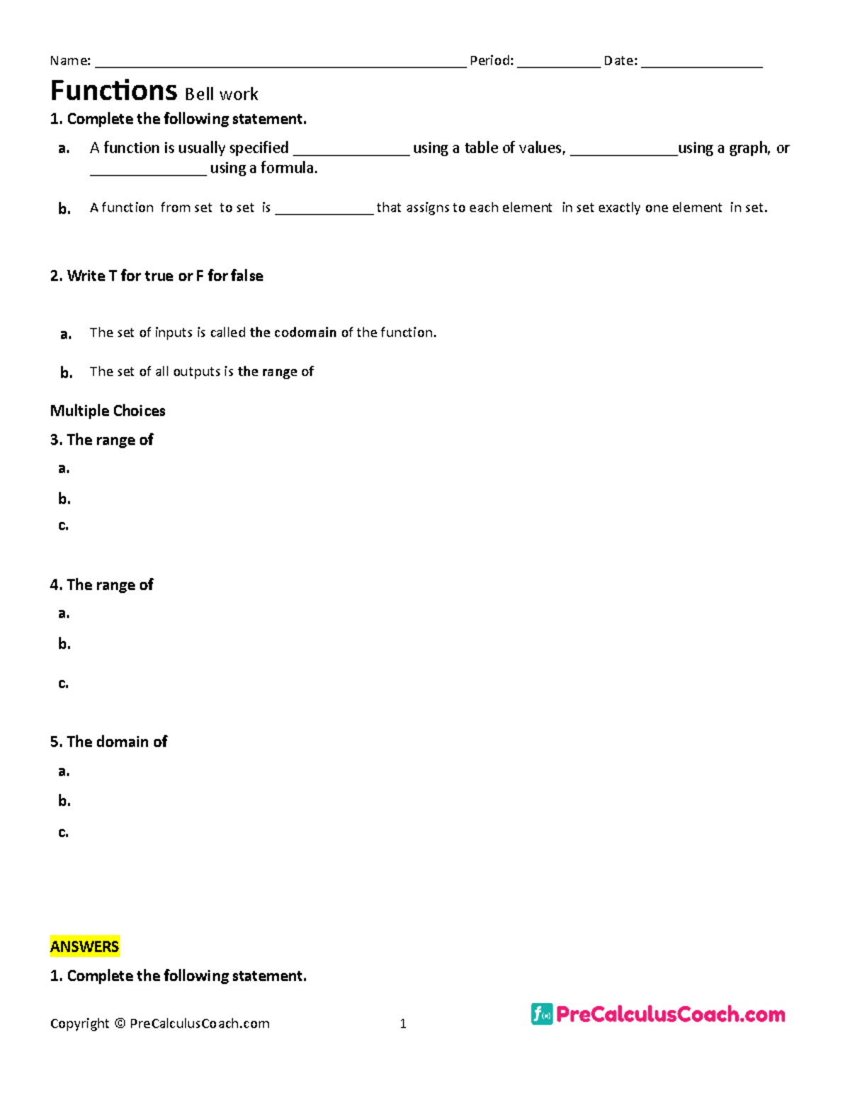 1 1 Bell Work Functions - Name ...