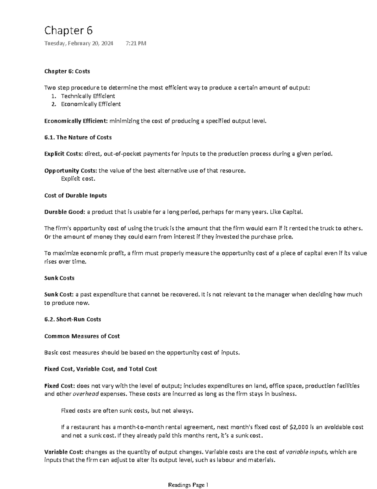Chapter 6 - Summary Introduction to Microeconomics - Chapter 6: Costs ...