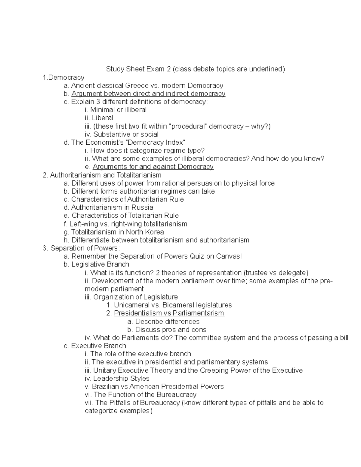 Poli Sci Exam 2 Study Guide - Study Sheet Exam 2 (class debate topics ...