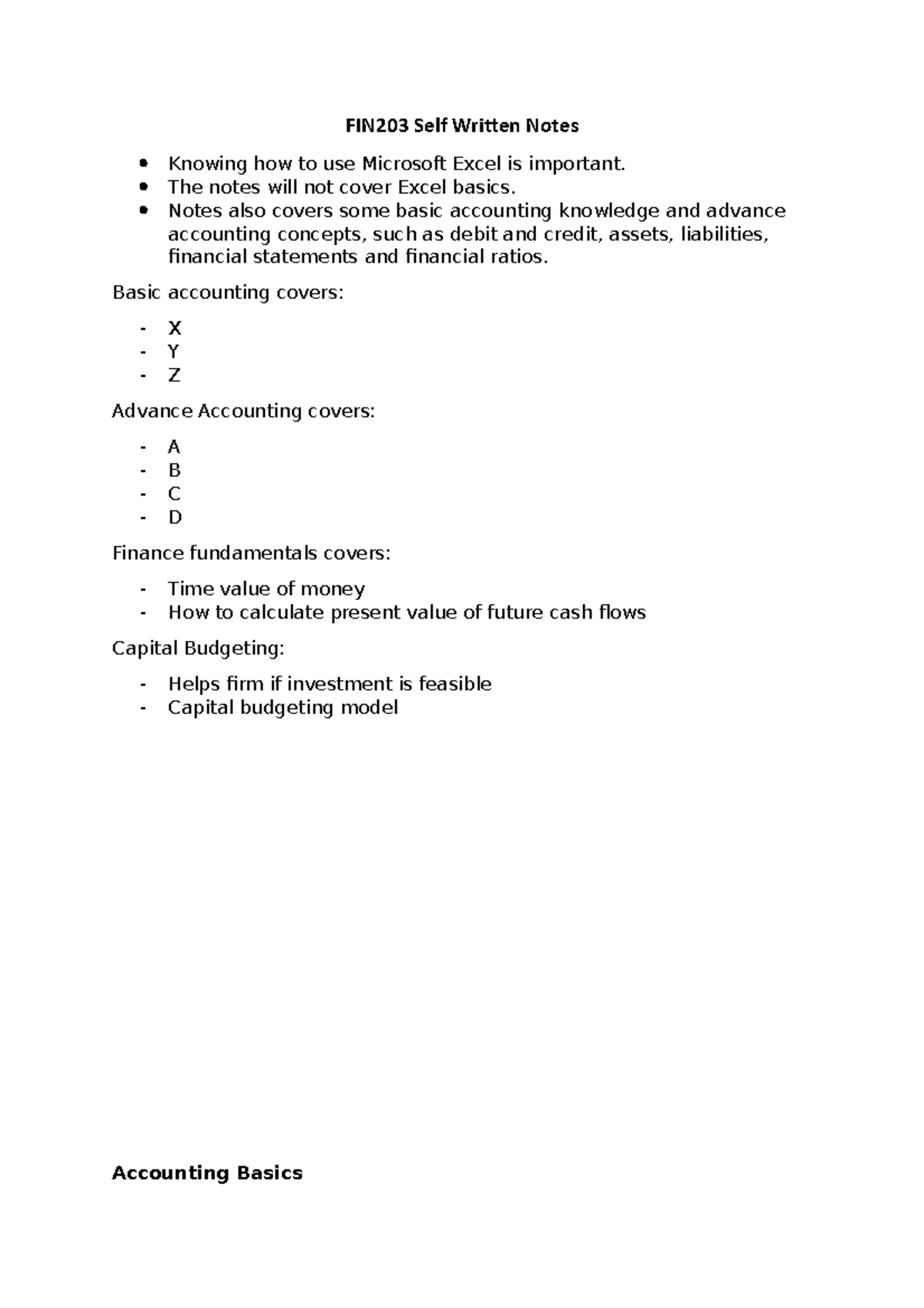 FIN203 Self Written Notes - The notes will not cover Excel basics ...