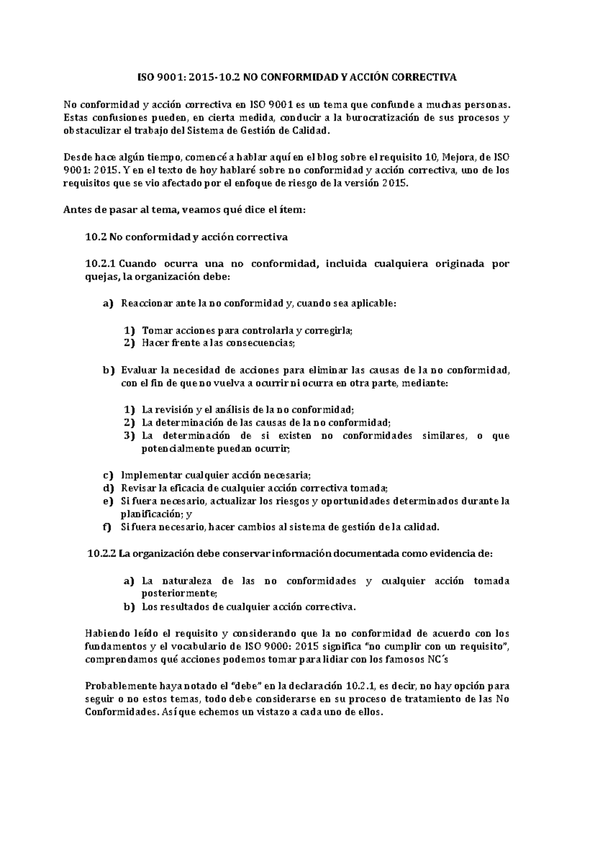 ISO 9001 - no conformidades - ISO 9001: 2015-10 NO CONFORMIDAD Y ACCIÓN ...