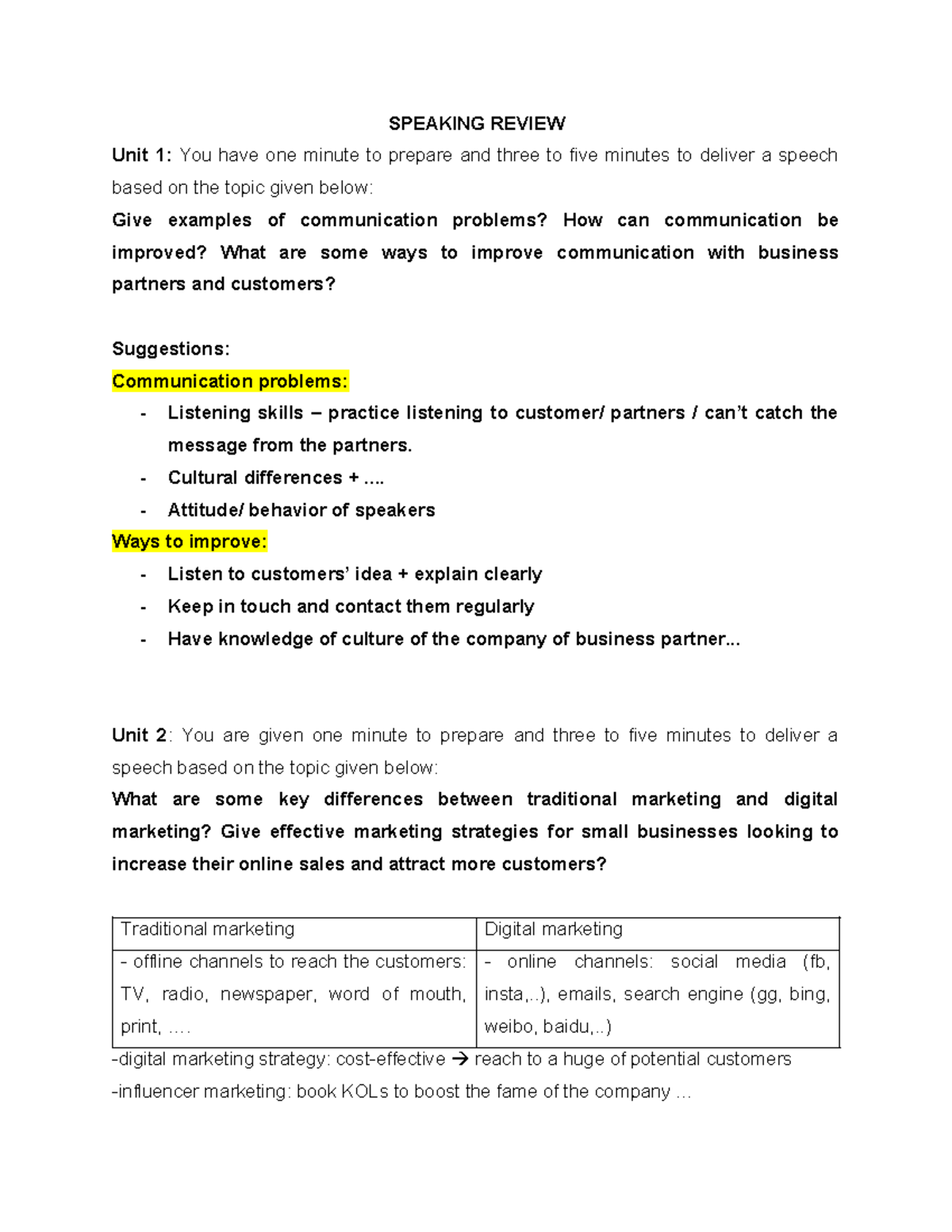 Review Speaking Final Examination - SPEAKING REVIEW Unit 1: You have ...
