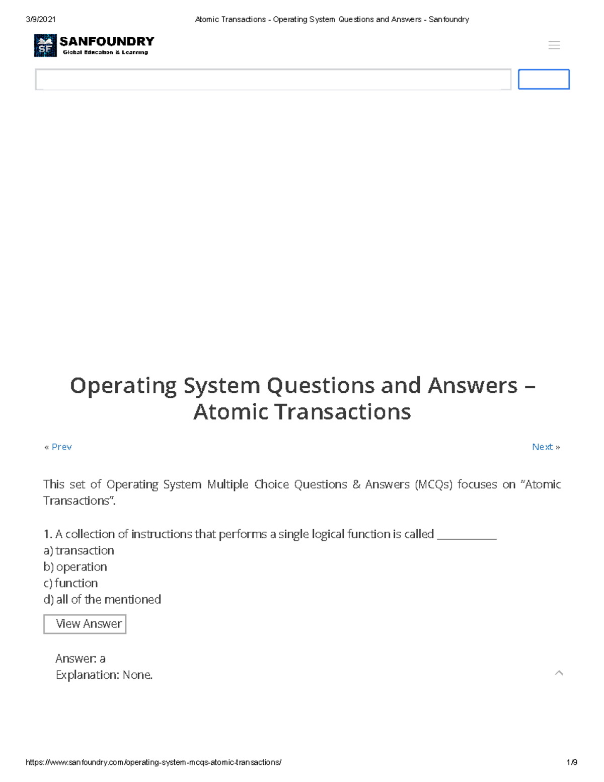Atomic Transactions - Operating System Questions and Answers - Sanfoundry - « Prev Next ...
