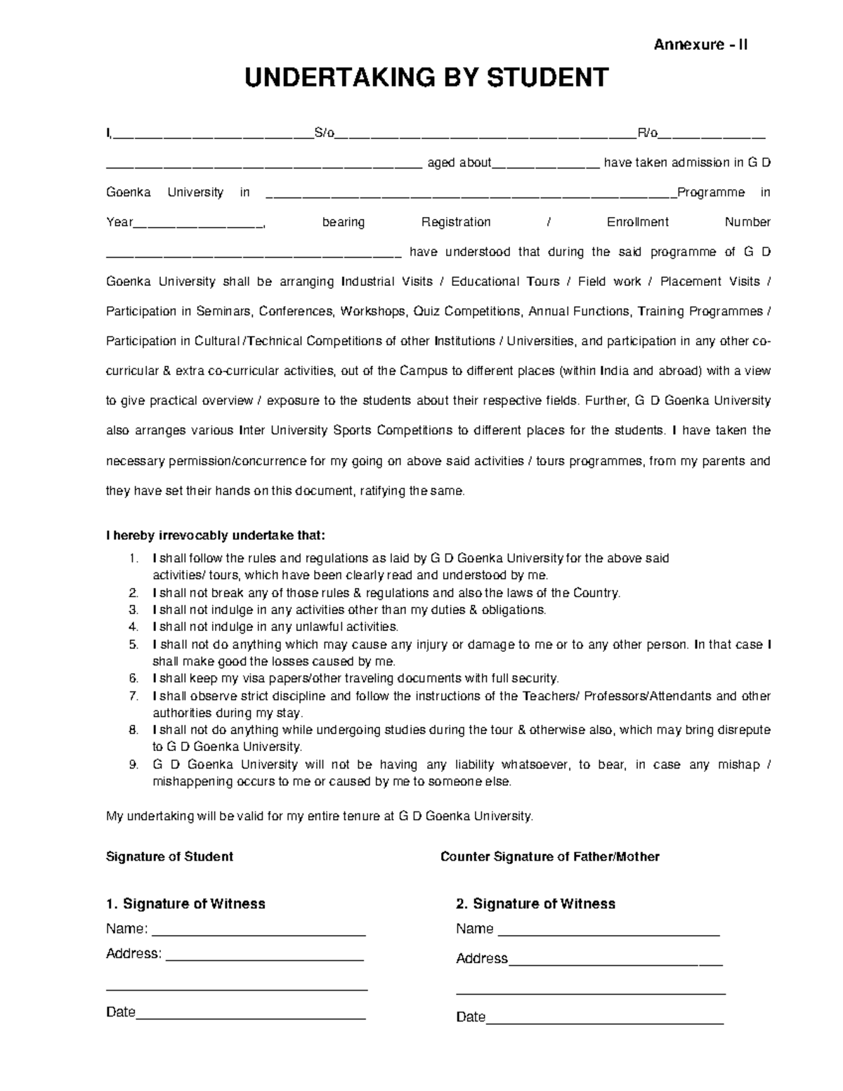 Annexure II - Undertaking-by-student - Annexure - II UNDERTAKING BY ...