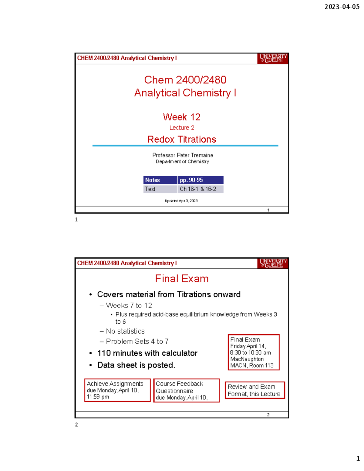 Wk 12 Lect 2 Redox Titrations - CHEM 2400/2480 Analytical Chemistry I Chem 2400/ Analytical ...