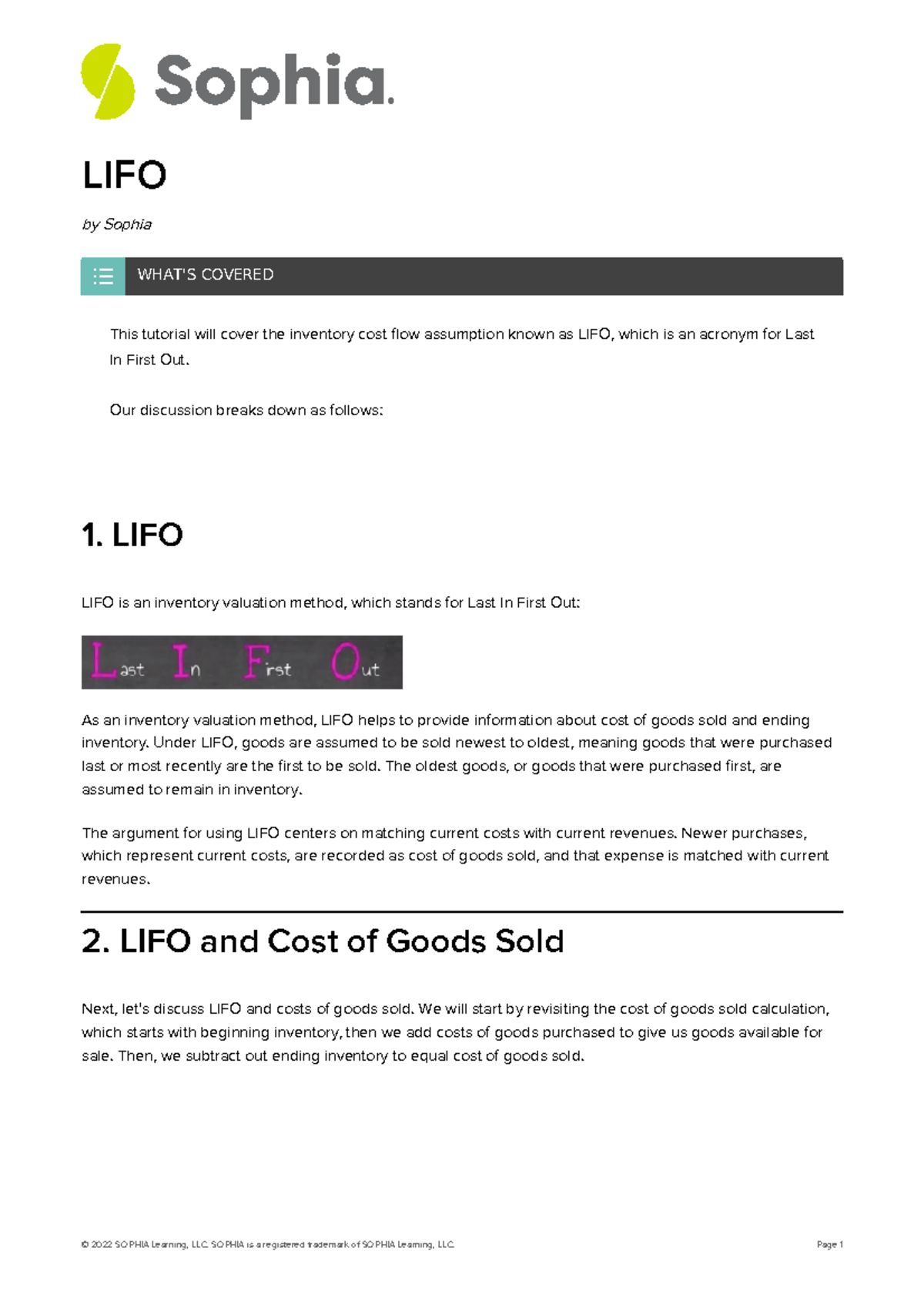 Lifo-2 - Notes - LIFO by Sophia This tutorial will cover the inventory ...