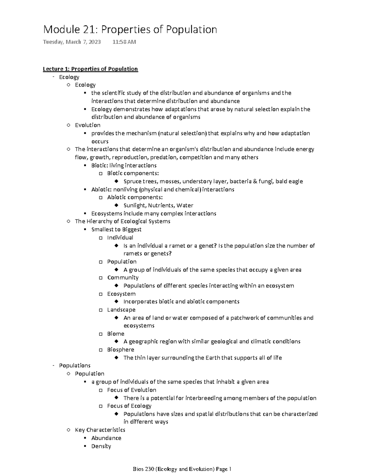 Bios 230 (Ecology and Evolution) Module 21 - Lecture 1: Properties of ...