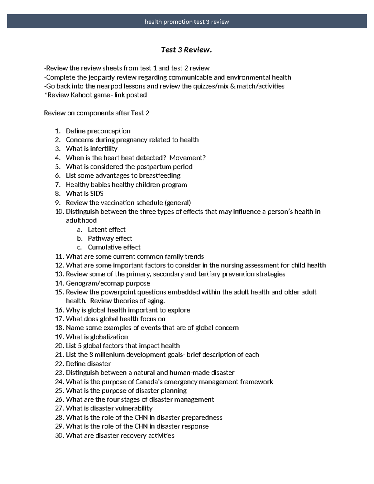 Test 3 Review - health promotion test 3 review Test 3 Review. -Review ...