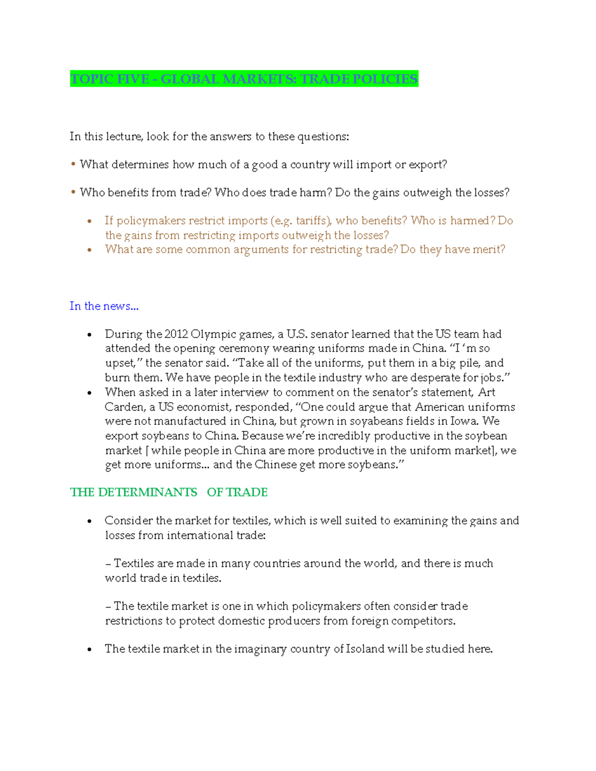 Topic FIVE - note - ####### TOPIC FIVE - GLOBAL MARKETS: TRADE POLICIES ...