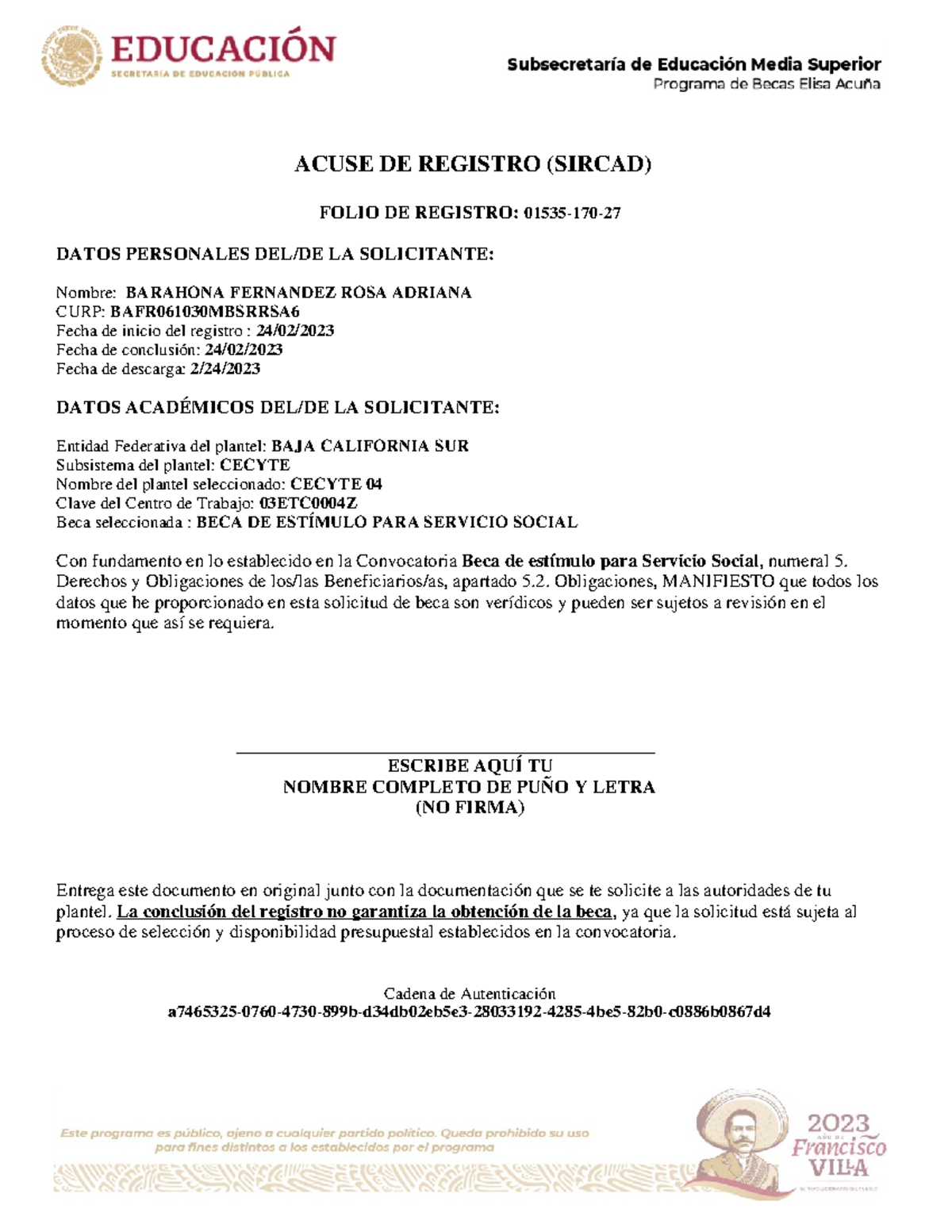 examen calculo de repaso - ACUSE DE REGISTRO (SIRCAD) FOLIO DE REGISTRO ...