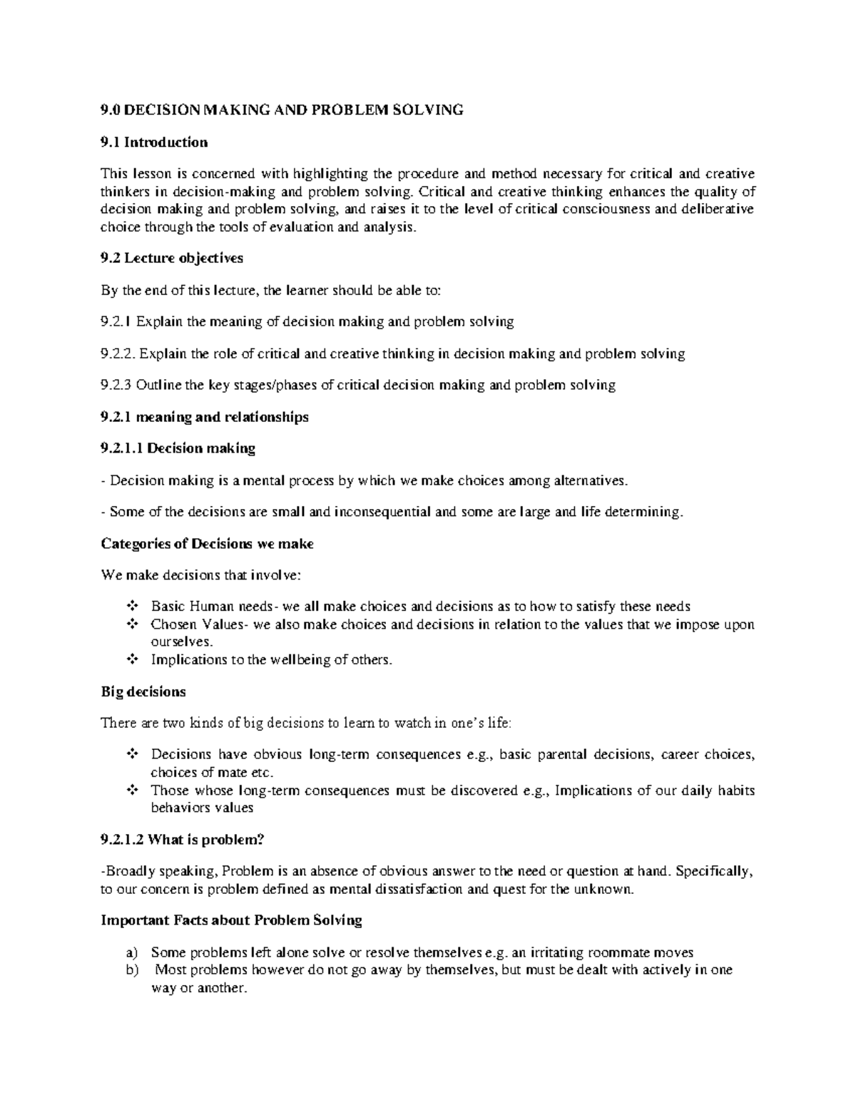 Critical Decision Making & Problem Solving - 9 .0 DECISION MAKING AND ...