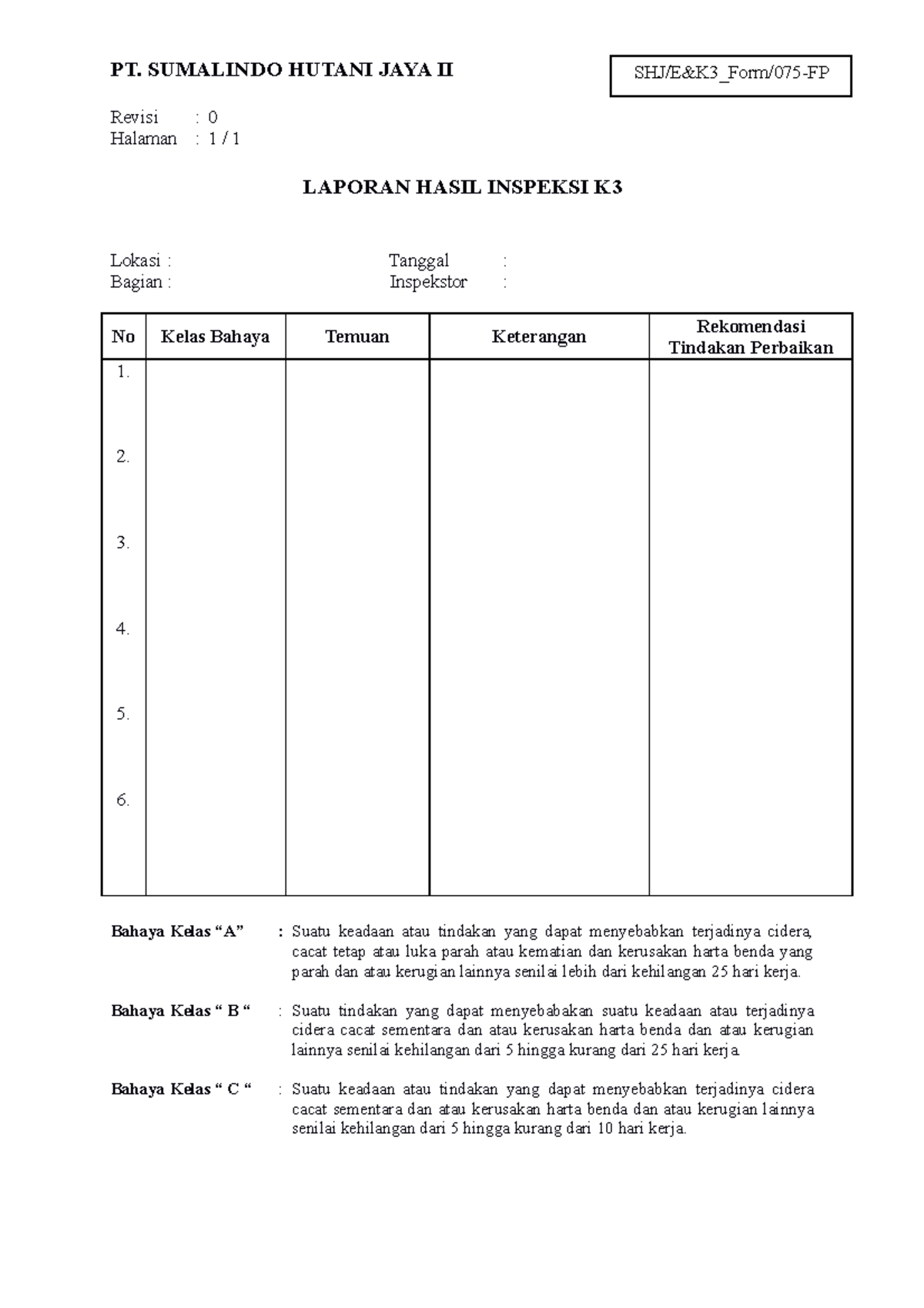 Form 075 Laporan Hasil Inspeksi K3 - PT. SUMALINDO HUTANI JAYA II ...